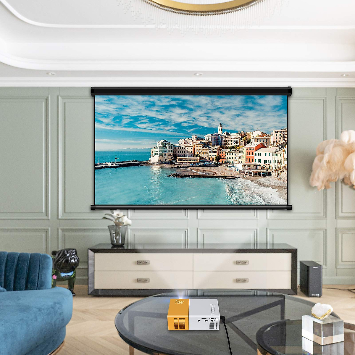 Meer Mini Projector,Portable Movie Projector,Smart Home Projector,Neat Projector for iOS,Android,Windows,PS5,Laptop,TV-Stick,Compatible with HDMI,USB,Audio,TF Card,AV and Remote Control