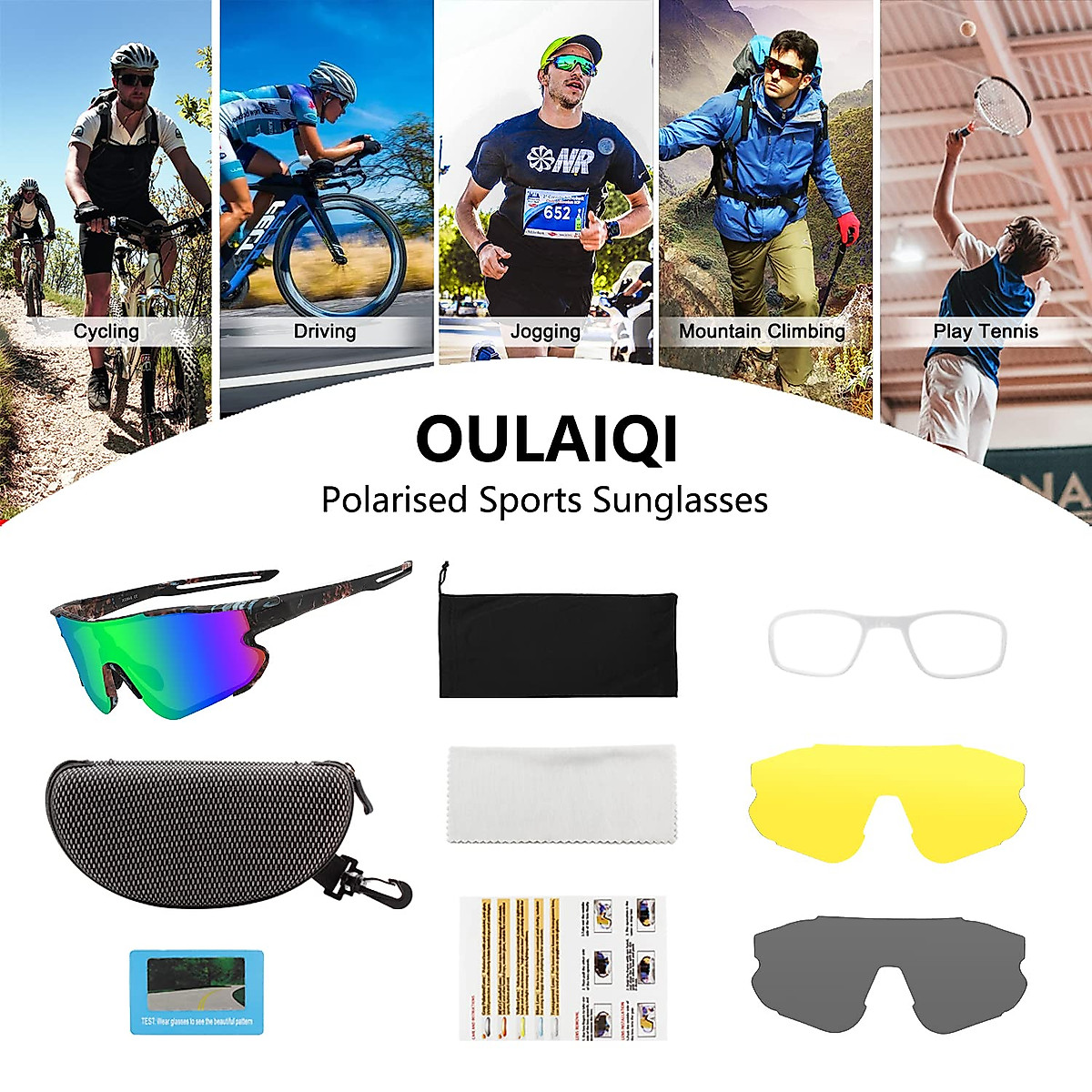 OULAIQI Baseball Sunglasses for Men Women with 3 Interchange Lens Watertransfer Motorcycle TR90 Cycling Glasses
