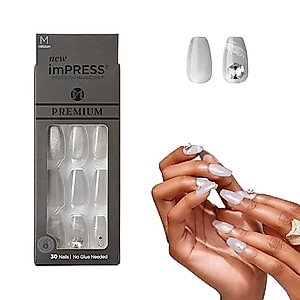 KISS imPRESS No Glue Mani Press On Nails, Premium, 'Legacy', Gray, Medium Size, Coffin Shape, Includes 30 Nails, Prep Pad, Instructions Sheet, 1 Manicure Stick, 1 Mini File