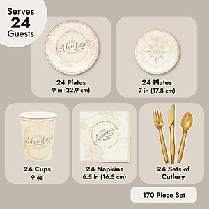 BLUE PANDA 170 Piece A New Adventure Begins Party Decorations for Baby Shower, Graduation, Serves 24 Includes Travel-Themed Plates, Napkins, Cups, Tablecloth and Banner