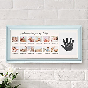 Dporticus Baby Handprint Kit & Footprint Photo Frame for Newborn Girls and Boys, 12 Photo Moments Frame Baby Shower Gifts Set Memorable Keepsake Box Decorations for Room Wall Non Toxic INK (Blue)