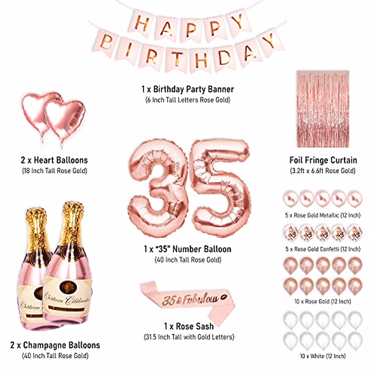 35th Birthday Party Decorations Rose Gold Supplies Big Set for Women with Happy Birthday Balloons Banner and 35 Digit Balloon for Her Including Latex and Confetti Balloons
