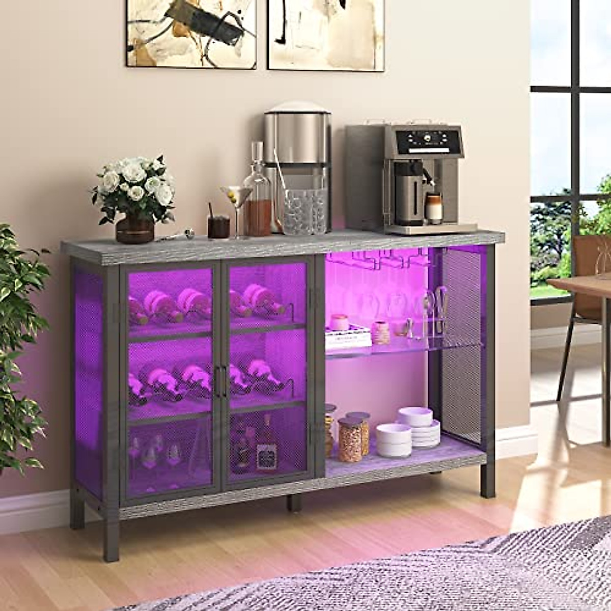 SOSPIRO Liquor Bar Cabinet with LED Lights, Industrial Wine Bar Cabinet with Wine Rack and Adjustable Shelves, Steel Coffee Bar for Home Dining Living Room Furniture, Grey