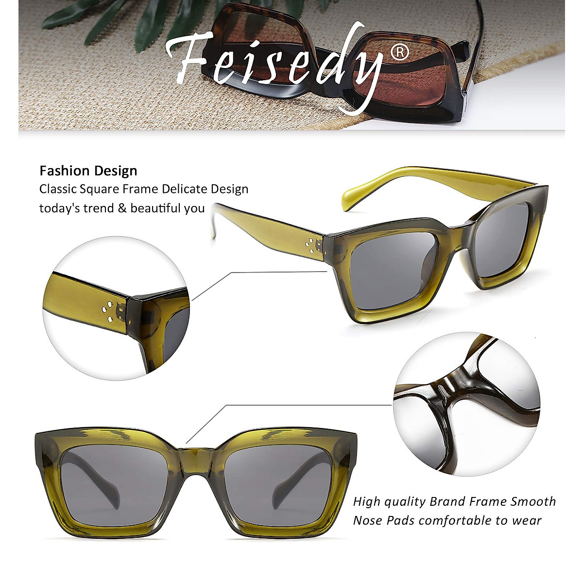 FEISEDY Classic Women Sunglasses Fashion Thick Square Sun Glasses Chunky Frame UV400 B2471