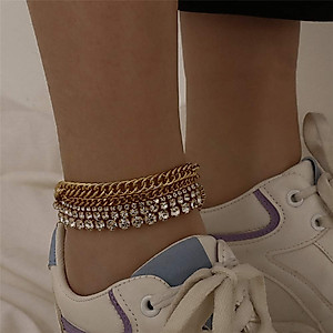 kelistom Cuban Link Rhinestone Tennis Anklet Set for Women Teen Girls, 18K Gold or White Gold Plated Chain Ankle Bracelets for Women with Extension