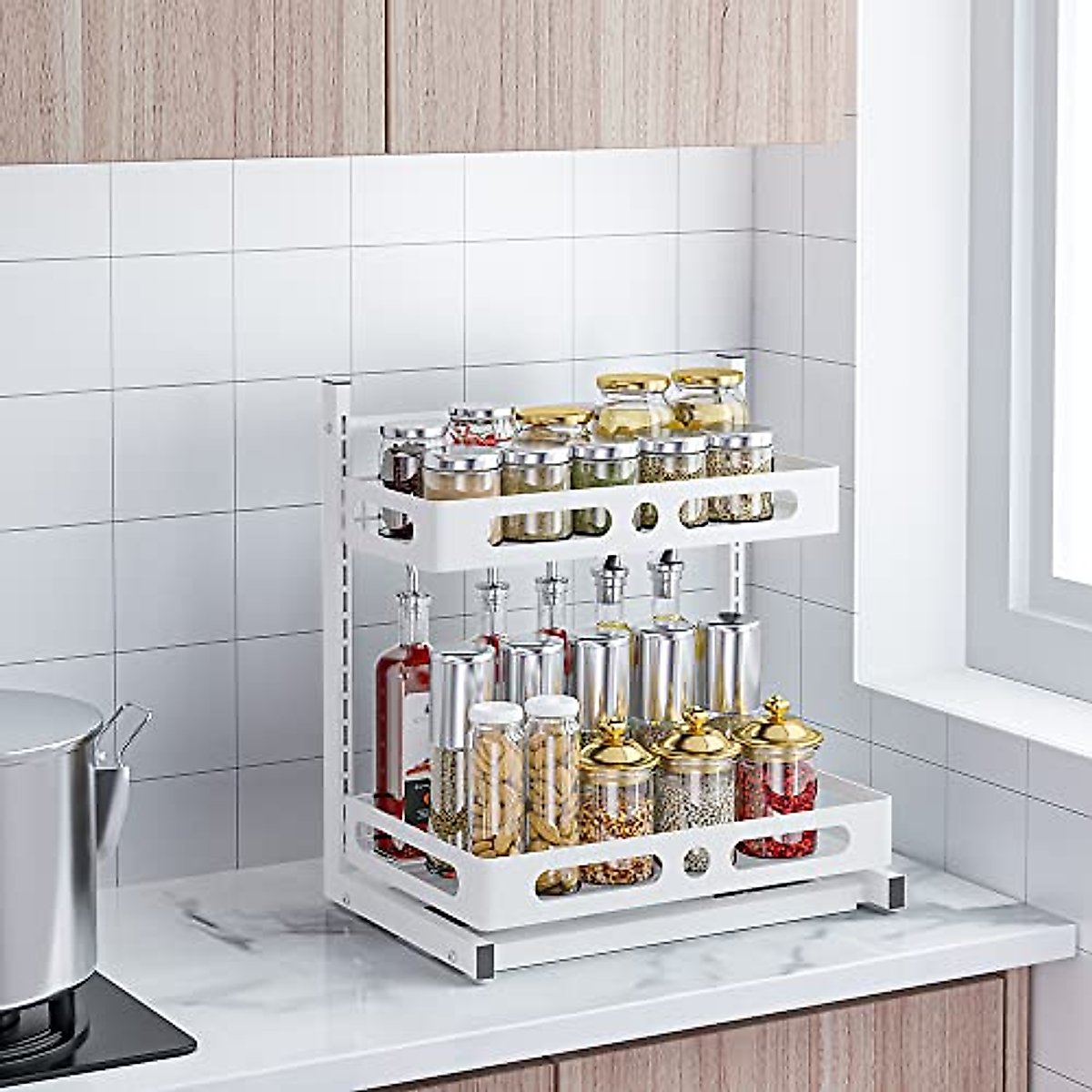 NETEL Under Sink Organizer,Pull Out Sliding Cabinet Basket Organizer 2 Tier Under Bathroom Storage Rack, Multi-Use for, Height Adjustable, With PP Frosted Pad, With strong double-sided adhesive, White