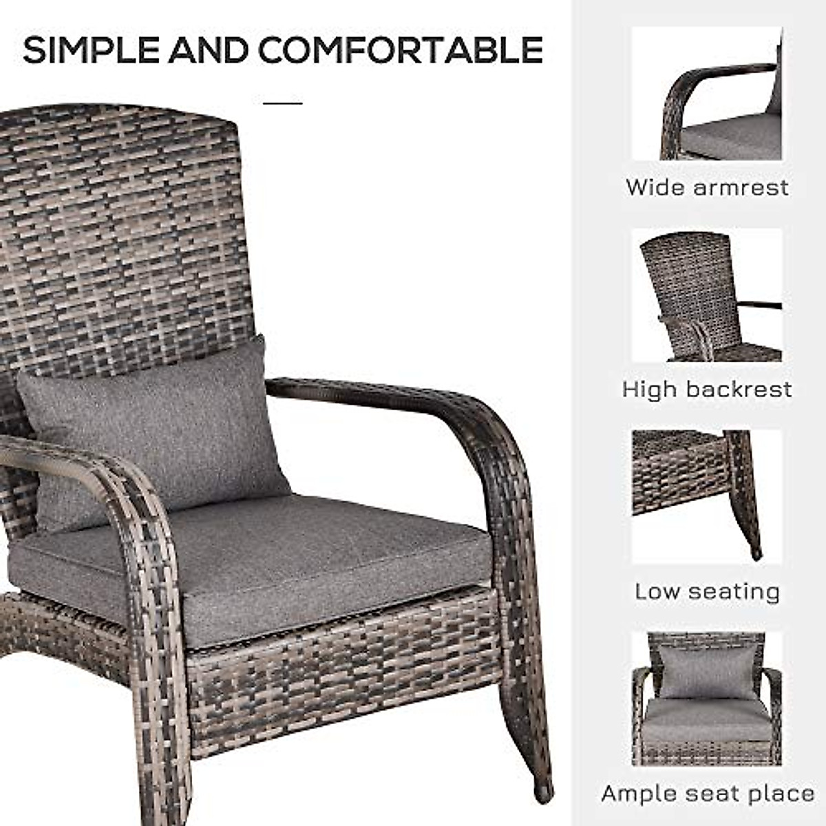 Outsunny Patio Wicker Adirondack Chair, Outdoor All-Weather Rattan Fire Pit Chairs w/Soft Cushions, Tall Curved Backrest, and Comfortable Armrest for Deck or Garden, Grey
