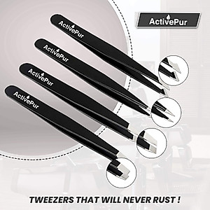 ActivePur, 4 Pcs Tweezers Set Precision for Facial Hair, Ingrown Hair, Splinter for Eyebrows Blackhead and Tick Remover, Best Professional Stainless Steel Seller Hair Remover Tweezer Set w/PU Bag.