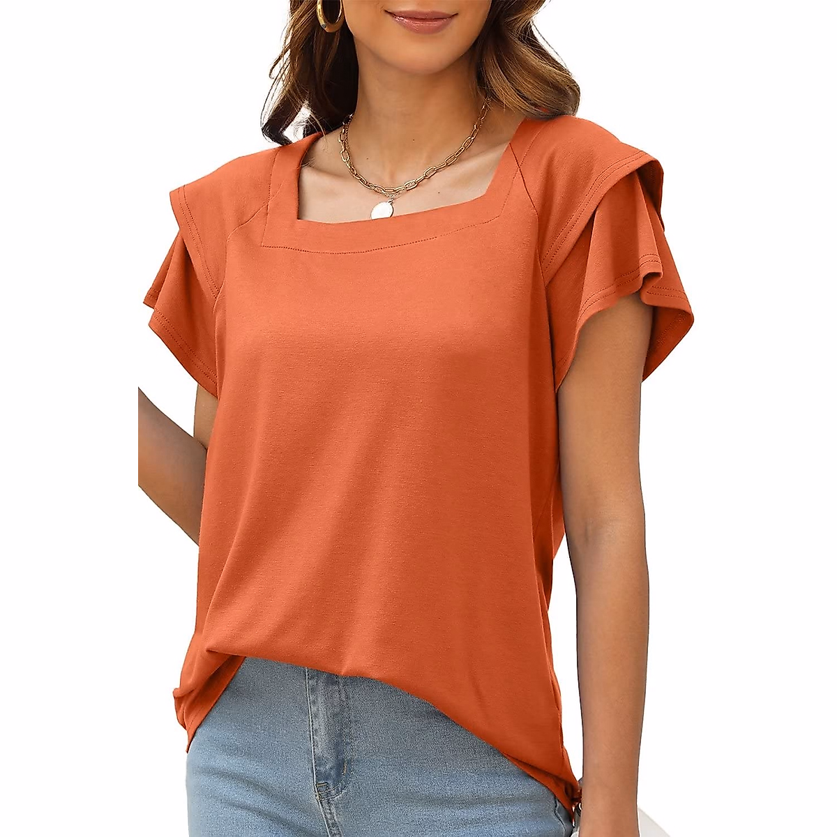 Womens Shirts Square Neck Ruffle Short Sleeve Summer Tops Orange