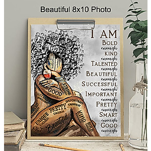 Black African American Art - Positive Affirmations - Positive Quotes Wall Decor - Motivational Posters - Encouragement Gifts for Women - Inspirational Wall Art- Afro Girl - Uplifting Best Friend Gifts