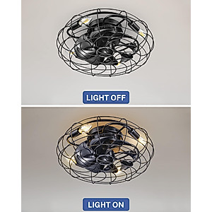 Glitnous 18'' Small Caged Flush Mount Ceiling Fans with Lights and Remote, Black Low Profile Rustic Farmhouse Modern Lighting & Ceiling Fan, Bladeless 6 Speed Timing for Bedroom Kitchen Dining Room