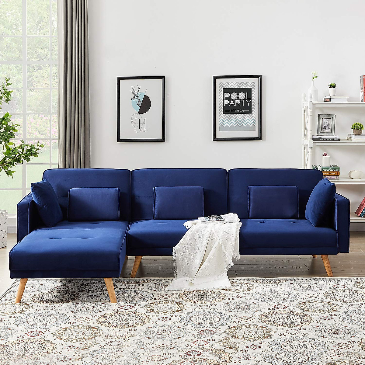 Eafurn L-Shaped Convertible Sectional Chaise Lounge and Adjustable Spilt Backrest,3 Seater Soft Velvet Sleeper Bed with Wooden Legs,Tufted Corner Sofa & Couch with Throw Pillows, Blue Left Hand Facing