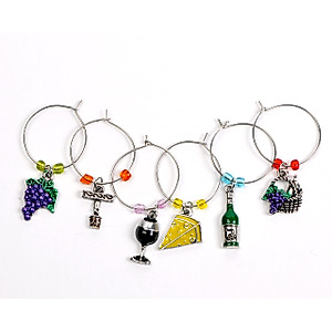 Wine and Grapes Wine Glass Charms, Drink Markers-Charms for Wine Glasses-Set of 6 with Sateen Storage Bag by Cork & Leaf