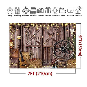 MAQTT Western Cowboy Photography Backdrop Rustic Farmhouse Wooden Barn Door Backdrop for Party Guitar and Lights Photo Background Children Birthday Party Decoration 7x5ft