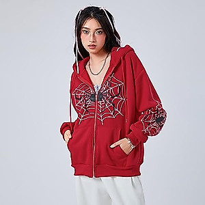 Women Halloween Coat Casual Hooded Long Sleeve Y2k Spider Web Zip Up Hoodie with Pockets Vintage Harajuku (Red, XL)