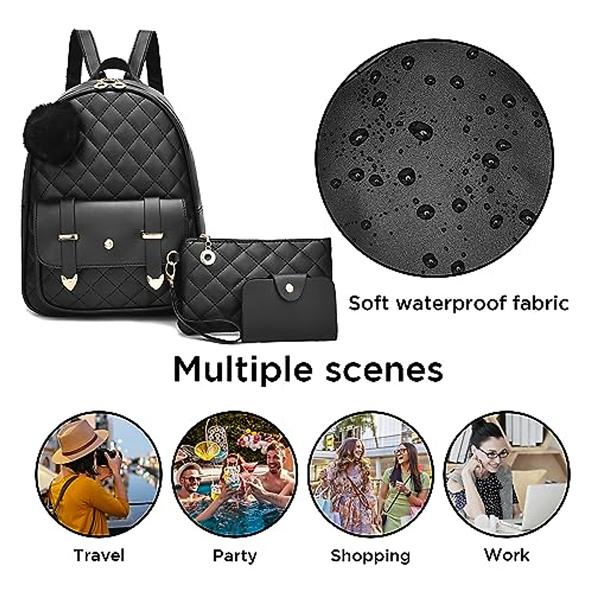 I IHAYNER Backpack Purse for Women 3PCS Leather Cute Small Backpack Purse with Pompom Mini Backpack for Women Travel Backpack (Black)