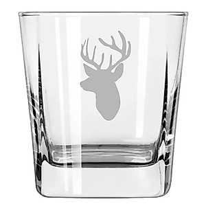 MIP Brand 12 oz Square Base Rocks Whiskey Double Old Fashioned Glass Deer Head with Antlers Hunting