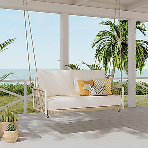 Quarte 1-Piece Woven Rope Outdoor Swing Sofa, 2-Person Porch Swing Bench with Soft Cushions, Patio Furniture for Garden, Backyard, Poolside (Beige/Rope)