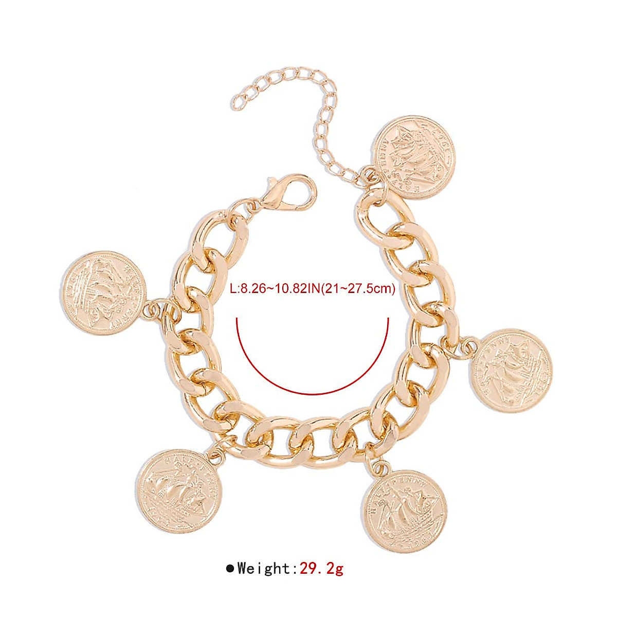 Jumwrit Chunky Chain Bracelet Punk Cuban Curb Link Chain Bracelet Statement Gold Coin Bracelet for Women