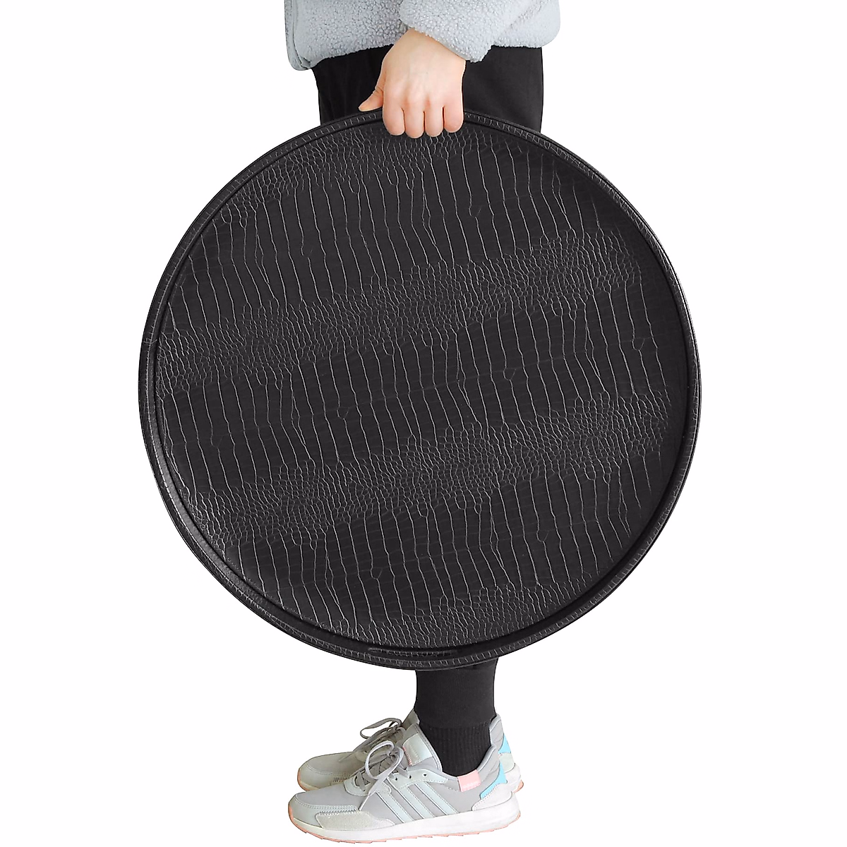 HofferRuffer Extra Large Round Serving Tray, Elegant Faux Leather Circle Ottoman Table Tray with Handles, Serve Tea, Coffee or Breakfast in Bed, Diameter 23.6 x 2.4 inches Height (Black)