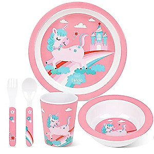 Lehoo Castle Kids Plates and Bowls Sets, 5 Piece Baby Feeding Set - Includes Plate, Bowl, Cup, Fork and Spoon Utensil Flatware, Kids Dinnerware Set for Kids, Toddlers (Unicorn)