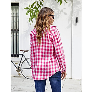 Zeagoo Womens Pink Plaid Shirt, Roll up Sleeve Casual Boyfriend Button Down Flannel Shirts,Rose,Large