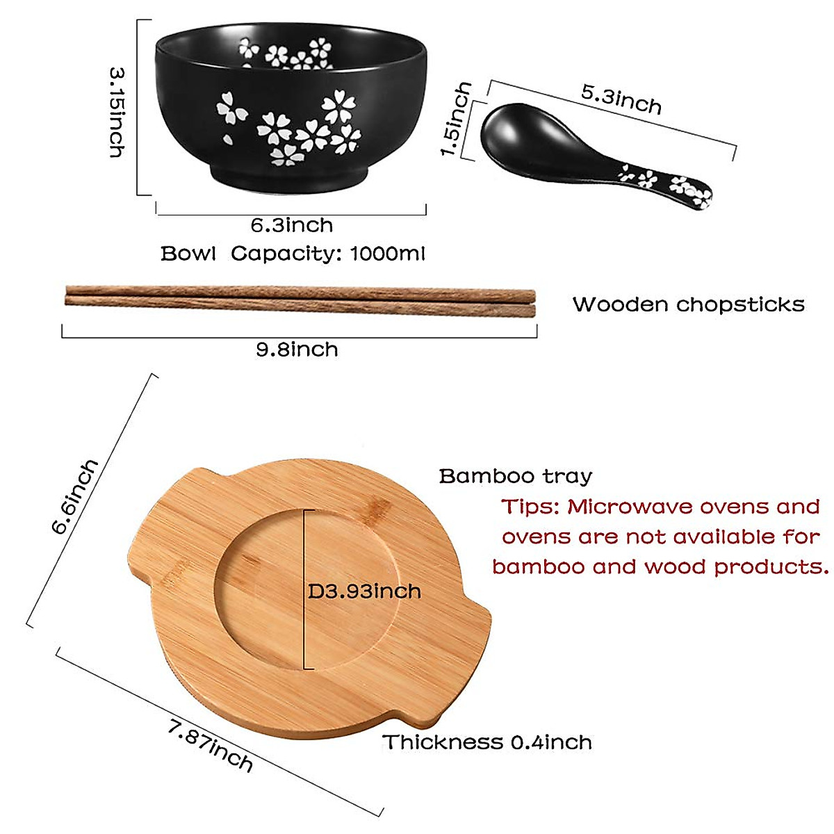 YingXue Japanese Cuisine Bowl (6.3 by 3.15 In) Set with Wooden Lid, Soup Spoon, Wooden Chopsticks, Bamboo Tray, Ceramics Sakura Ramen bowl, Ceramic Instant Noodle Bowl, Salad Bowl Soup Bowl Rice Bowl