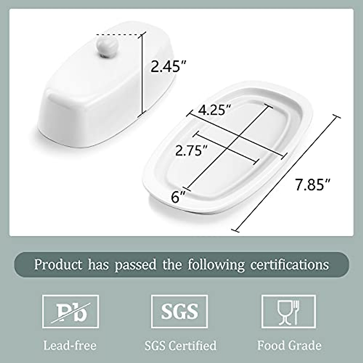 Yedio Porcelain Butter Dish with Lid, 8 inches Butter Holder, Perfect for East and West Coast Butter, white