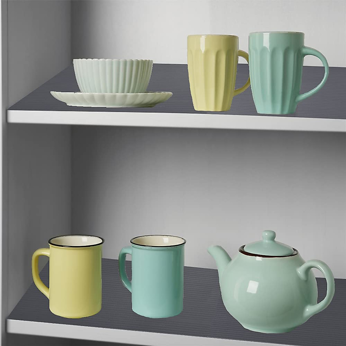 Shelf Liner Kitchen Drawer Mats, Non Adhesive EVA Material with Refrigeator Liners,Waterproof Durable Fridge Table Place Mats for Cupboard, Cabinets, Drawer Liner, Bathroom-Gray,11.8''x59''(3roll)