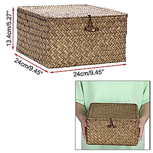 Hipiwe Wicker Shelf Baskets Bin with Lid Handwoven Seagrass Storage Basket Container Square Multipurpose Household Basket Boxes for Shelves and Home Organizer, Coffee Medium