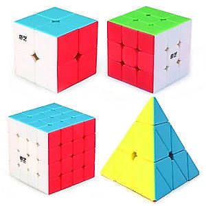 Roxenda Speed Cube Set, Speed Cube Bundle of 2x2 3x3 4x4 and Pyramid Cube Smoothly Stickerless Magic Cubes Collection for Kids Teens & Adults [4 Pack] (Stickerless)