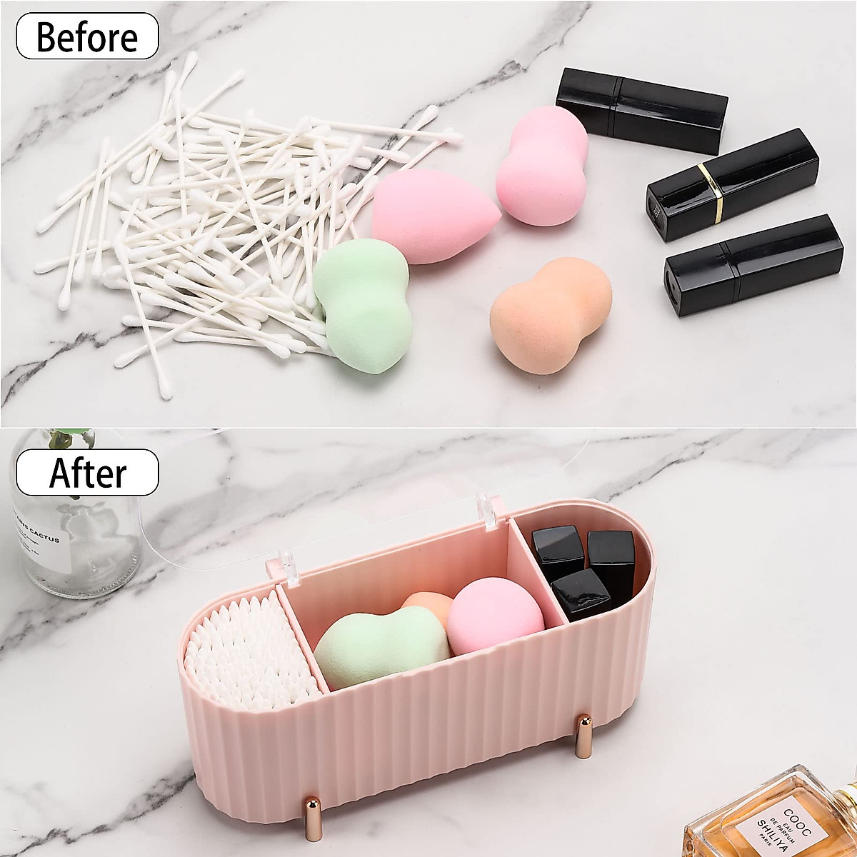 Tecbeauty Qtips Holder, 3 Grids Separate Cotton Swabs Dispenser, Cotton Ball Storage Box, Jar for Cotton Pads Bathroom Organizer Canisters - Pink