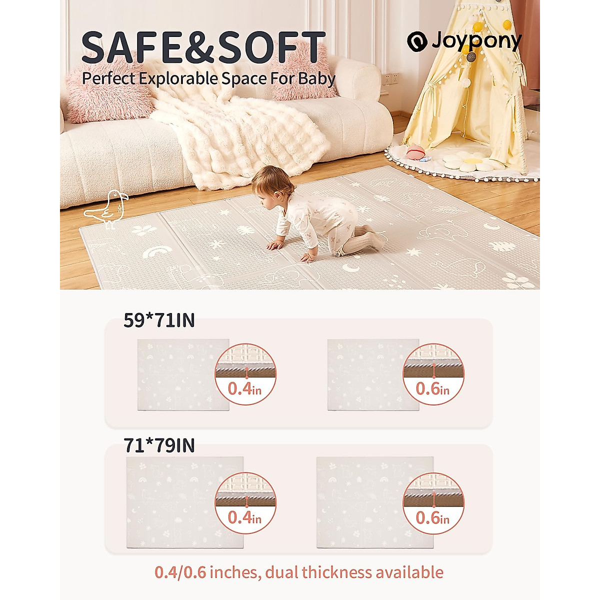 Joypony Foldable Baby Play Mat, 2 in 1 Fabric and XPE Surface Anti-Slip, 79x71x0.6 inch Extra Thick, Ideal for Infants Toddlers Kids Crawling, Non-Toxic, Waterproof Easy to Clean with Storage Bag