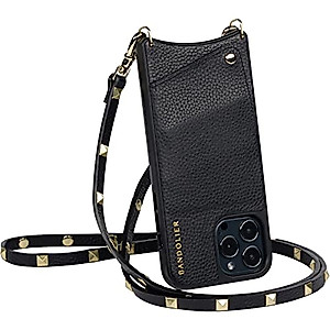 Bandolier Sarah Crossbody Phone Case and Wallet - Black Leather with Gold Detail - Compatible with iPhone 13 Pro