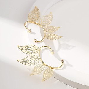 Yumikoo Elf Ear Cuffs Fairy Earrings Non Piercing Golden Leaves Earrings for Women