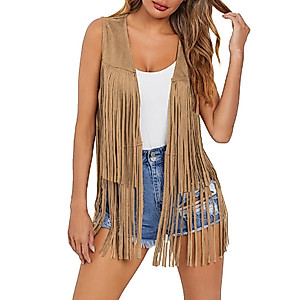 Dokotoo Womens Spring Fashion 2025 Fringe Vest 70s Theme Birthday Party Hippie Costume Rodeo Club Night Cowgirl Western Resort Wear Concert Outfits for Women Summer Vests for Women Khaki X-Large