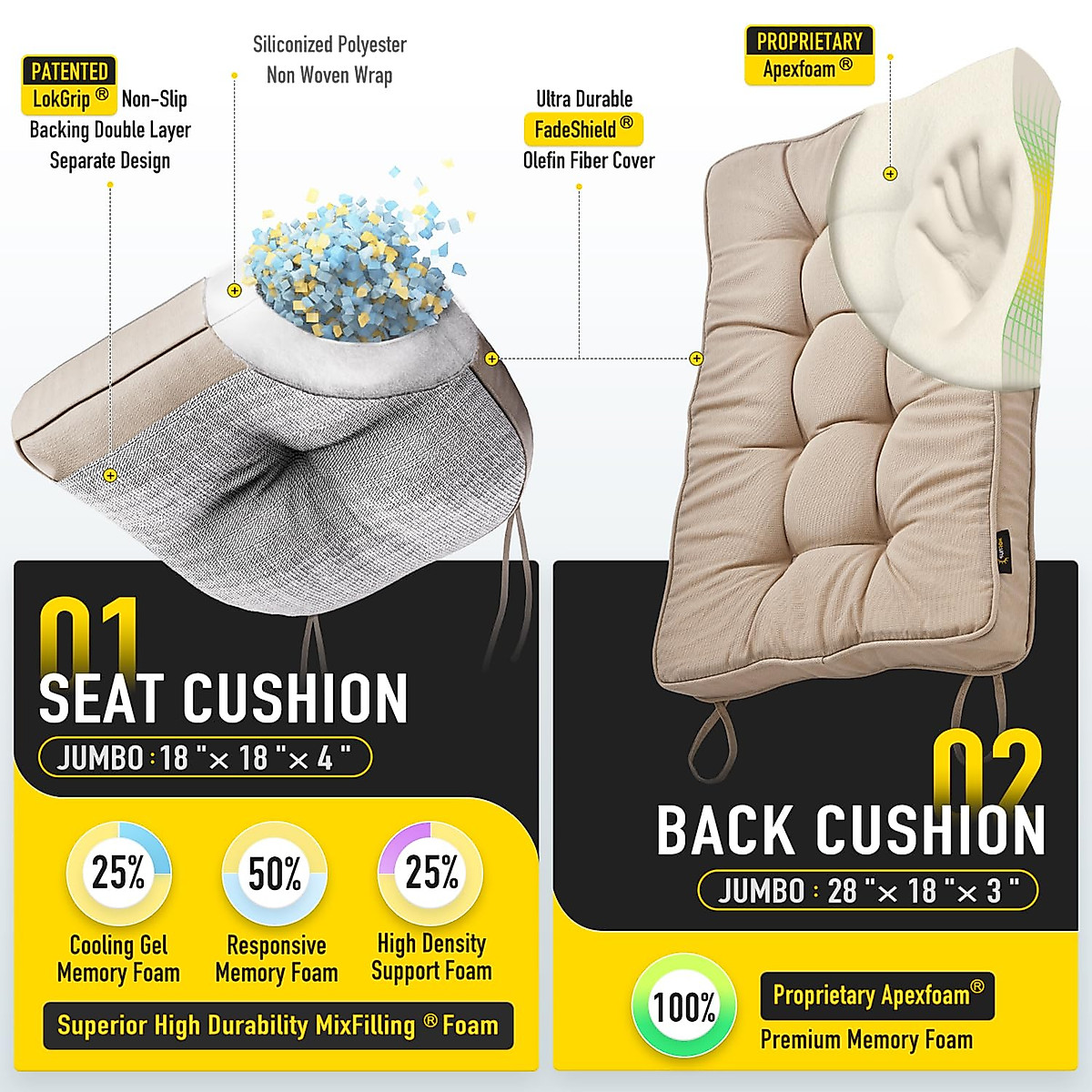 SUNROX Memory Foam Jumbo Rocking Chair Cushions, FadeShield Water Resistant Non Slip Durable Tufted Pads, Set of Seat & Back Cushion with Ties for Indoor/Outdoor Rocker, 2 Piece, Husk Birch
