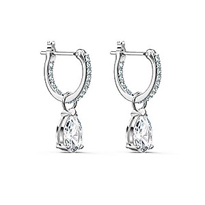 Swarovski Stilla Attract Mini Hoop Pierced Earrings with Pear Shaped Clear Cut Crystal and Matching Pavé on a Rhodium Finished Setting with a Hinge Closure