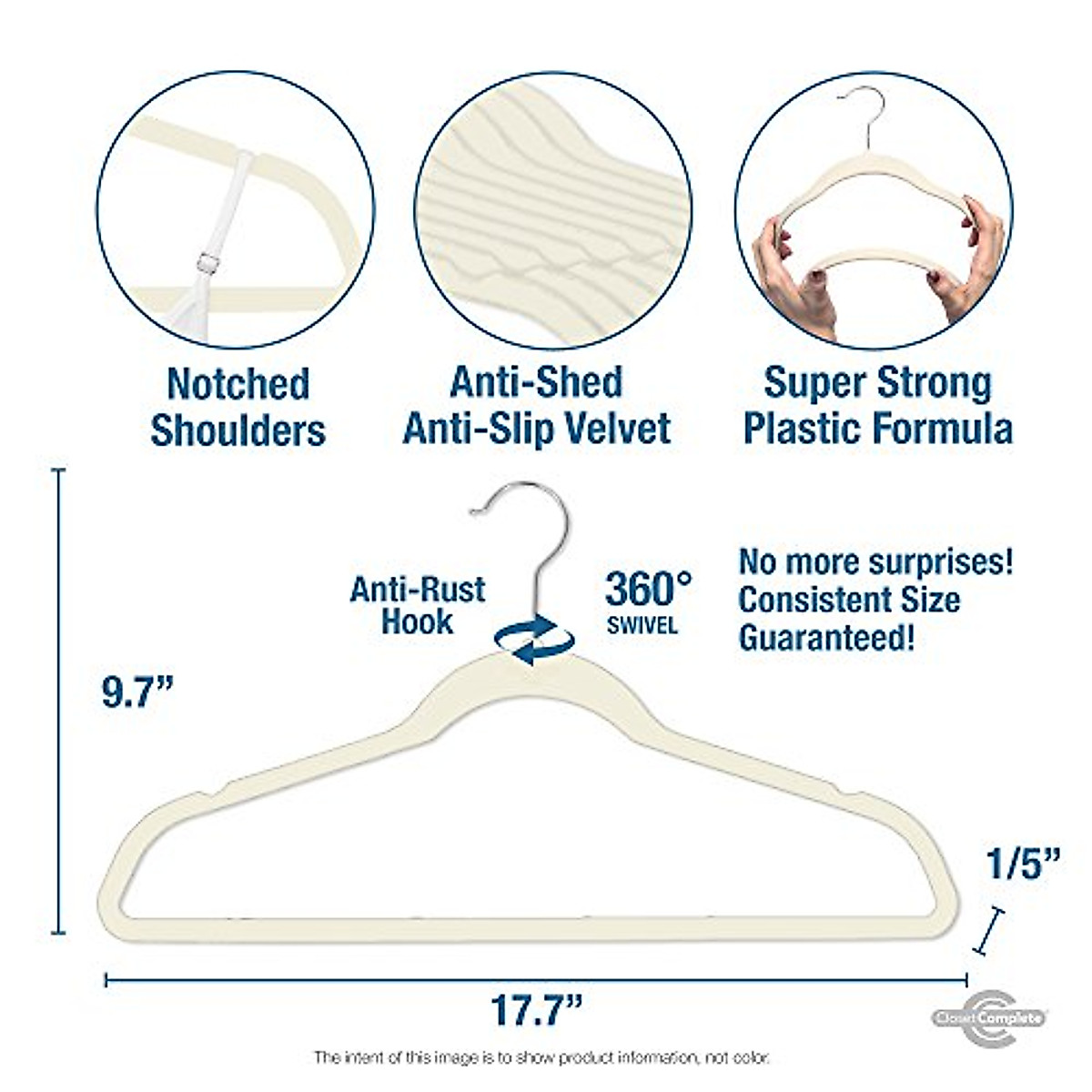 Closet Complete 71634 Supreme Quality, Heavyweight, 85-Gram, Virtually-Unbreakable Velvet, Ultra-Thin, Space Saving, No-Slip Suit Hangers, 360° Spinning Rose Gold Hooks, 50, Ivory, 50 Count