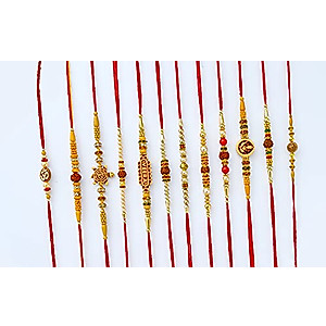Rakhi for brother | Rakhi Set of 12 for Brother | Rakhee Bracelet on Festival of Raksha Bandhan for Brothers | Made by fine Threads Rudraksha Kundan Multicolored Stone and Small White Beads
