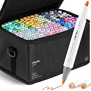Ohuhu Alcohol Brush Markers 168-color Art Marker Set Double Tipped Alcohol-based Markers for Artist Adults Coloring Illustration- Brush & Chisel -w/ 1 Alcohol Marker Blender- Honolulu - Refillable Ink