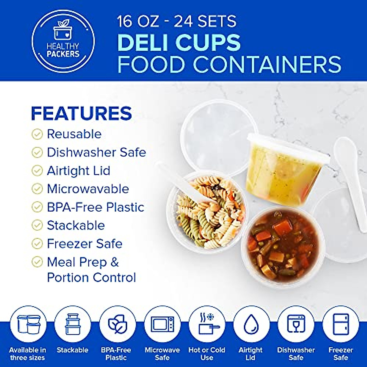 Healthy Packers Extra Thick Food Storage Containers with Lids (16oz - 24 Pack) - Great for Slime - Deli Pint Cups - Soup Containers | Microwave, Dishwasher and Freezer Safe