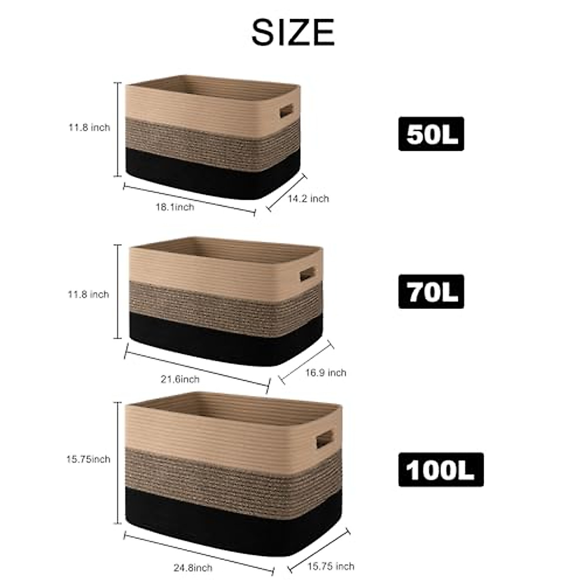 OIAHOMY Large Cotton Rope Basket, Rectangle Woven Baskets for Storage, Nursery Blanket Basket Living Room, Toy Basket with Handle, Large Baskets for Organizing-22”x17”x12”-Yellow Black