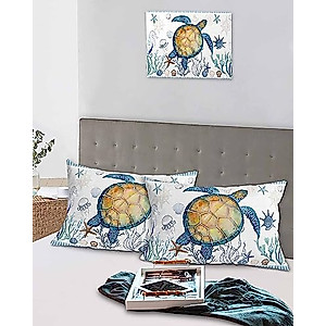 Edwiinsa Ocean Turtle Pillow Covers Standard Size Set of 2 20x26 Bed Pillow, Beach Nautical Coastal Blue Starfish Shell Coral Plush Soft Comfort for Hair/Skin Cooling Pillowcases with Envelop Closure