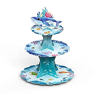 Watercolor Whale Under The Sea Cardboard Cupcake Stand Ocean Birthday Party Decorations, 3-Tier Dessert Cupcake Stand Holder for Sea Creature Shark Party Fishing Birthday Party Supplies Baby Shower