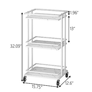 XYZLVSI 3-Tier Rolling Serving Bar Cart, Wood and Metal Kitchen Island Storage Cart with Wheels, Multifunction Utility Drink Cart Storage Rack for Home, Kitchen, Bar, Dinning Room, Living Room (White)