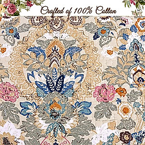 Cozy Line Home Fashions Luxury Classic Bedding Quilt Set, 100% Cotton Beige Blue Floral Pink Flower Bohemian Style Reversible Bedspread Coverlet (Art Painting, King - 3 Piece)