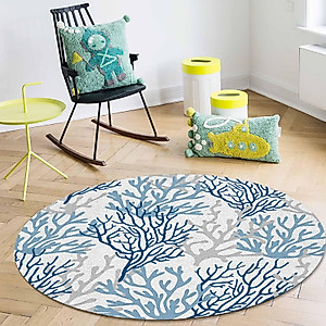 Huotupsine Navy Blue Coral Coastal Round Area Rugs, Summer Beach Non-Skid Children Playing Mat, Ocean Seaside Nautical 4ft Soft Circle Farmhouse Rugs for Living Room, Bedroom, Dining Room