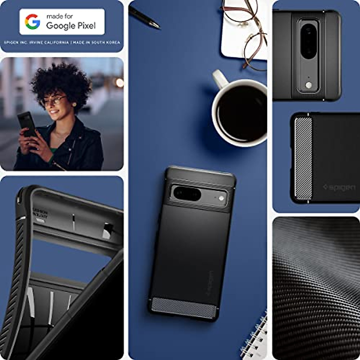 Spigen Rugged Armor Pixel 7 Case (2022) - Matte Black, Carbon Fiber, Shock-Absorbent