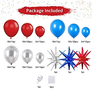Spider Theme Balloon Garland Kit,Red Blue Balloon Arch Kit,Red Blue Silver Balloon Arch for Independence Day Graduation Super Spider Hero Theme Party Superhero Theme Decorations